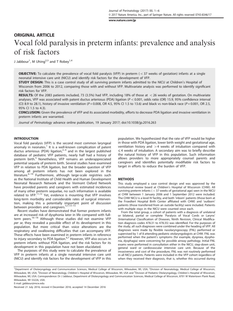 Vocal Fold Paralysis in Preterm Infants - Prevalence and Analysis of ...