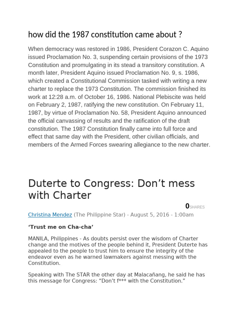 History of the 1987 Constitution | PDF | Rodrigo Duterte | Legal Documents