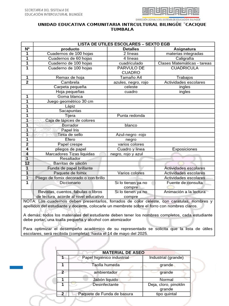 LISTA DE UTILES 3RO 2024 | PDF | Cuaderno | Lápiz