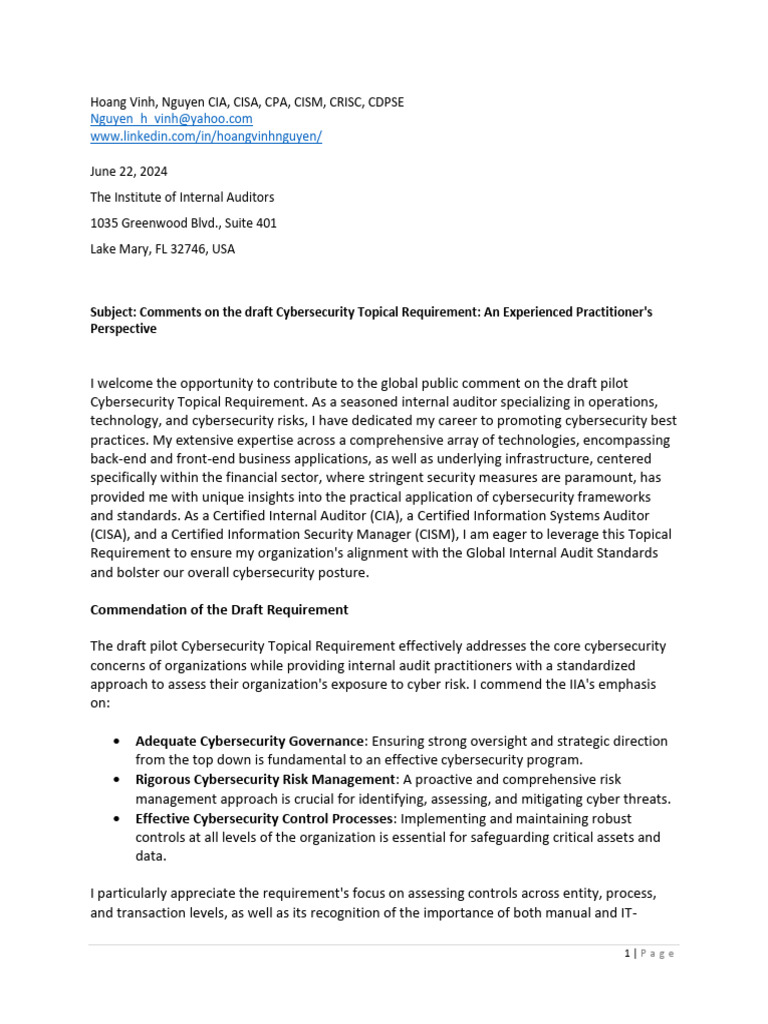 HV Nguyen Comments IIA Cybersecurity Topical Requirement FINAL | PDF ...
