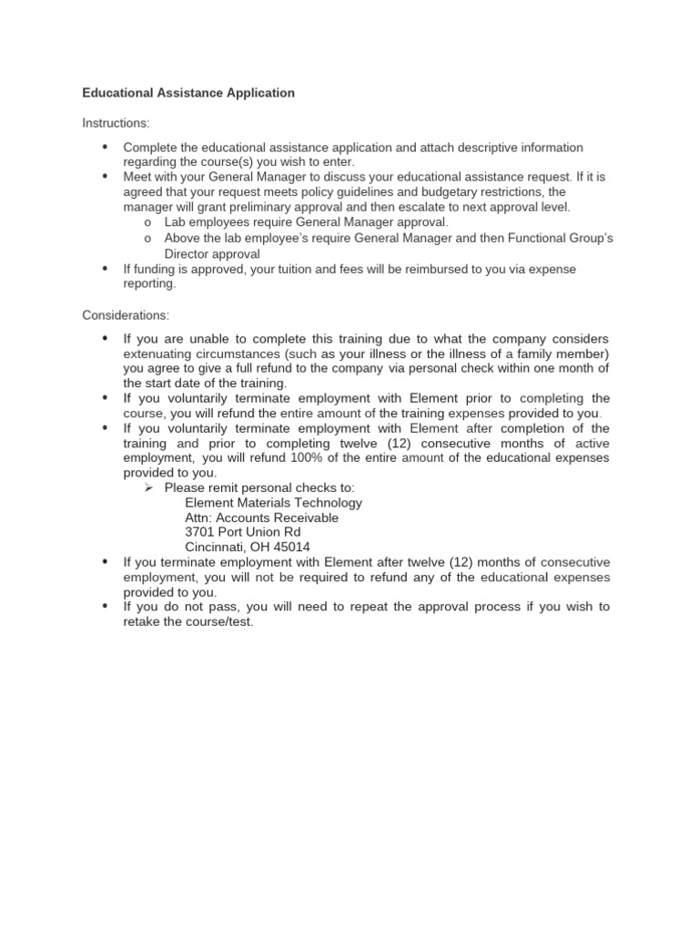 Educational Assistance Application | PDF | Employment | Expense