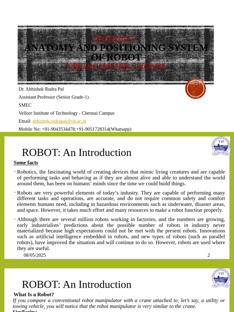 Lecture 1 Robotics Industrial Robotics | PDF | Robot | Robotics