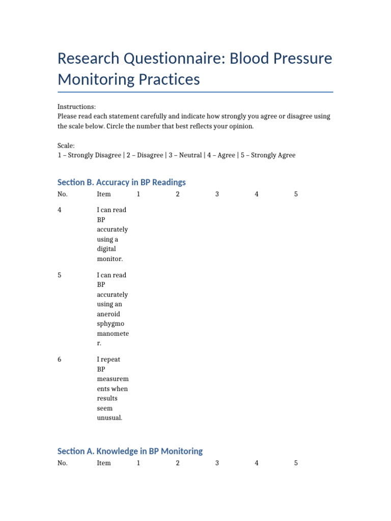 BP Monitoring Questionnaire | PDF