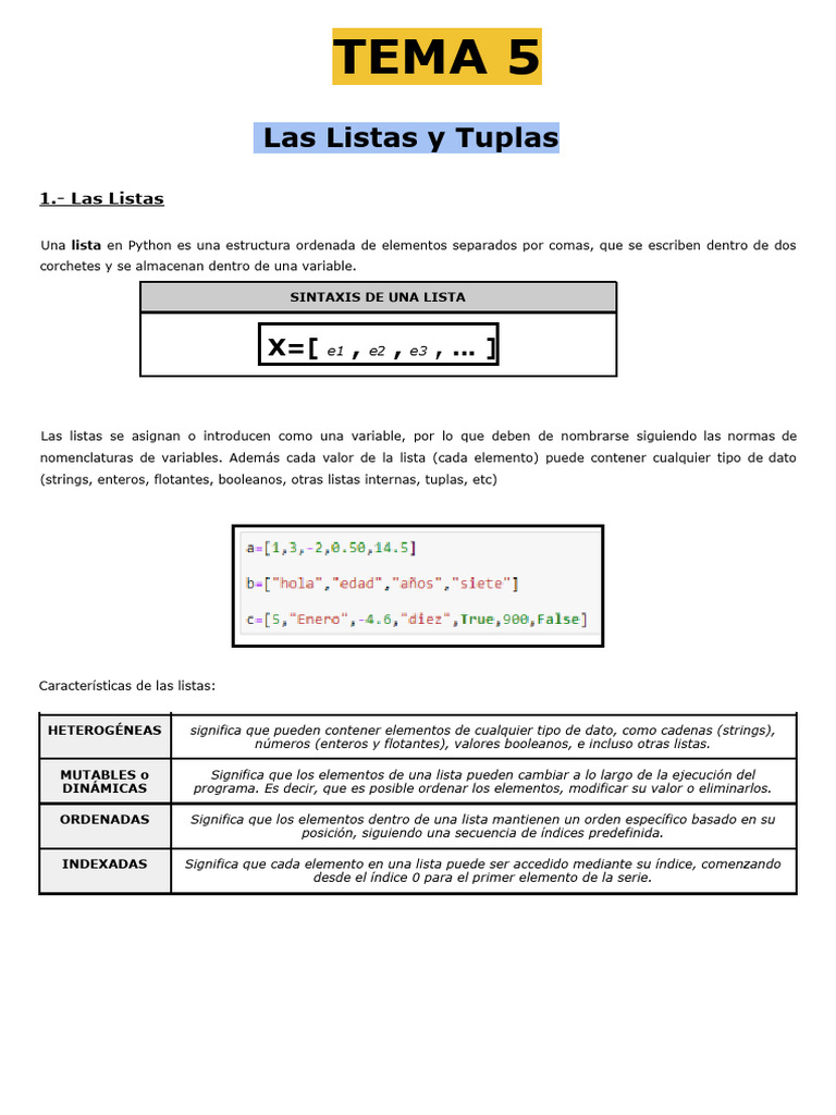 T5 - Las Listas y Tuplas | PDF | Tipo de datos | Python (lenguaje de programación)