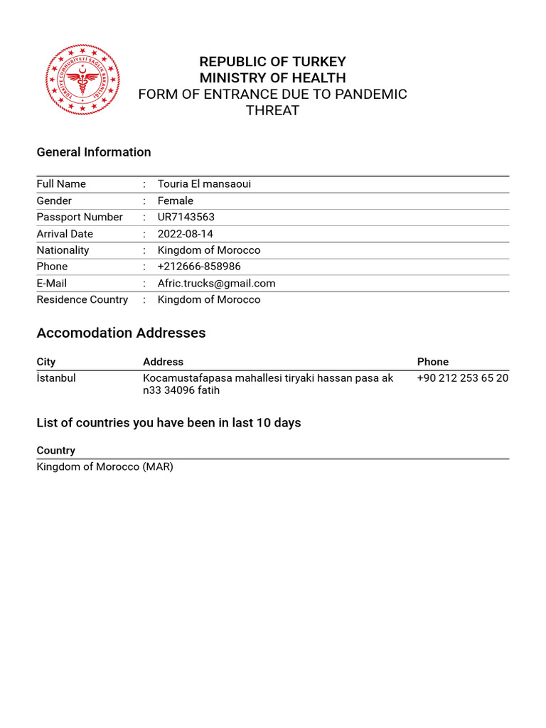 Form of Entrance Due To Pandemic Threat: Republic of Turkey Ministry of ...