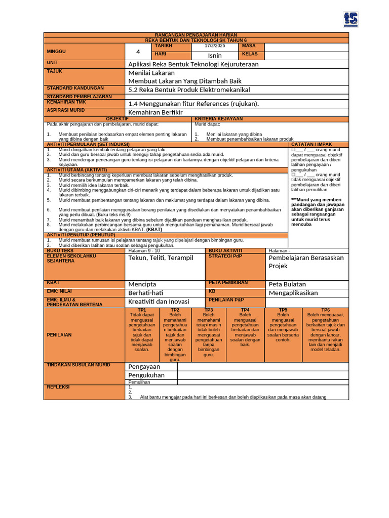 RPH MINGGU 4 RBT SK THN 6 2025 BY CIKGU GORGEOUS | PDF