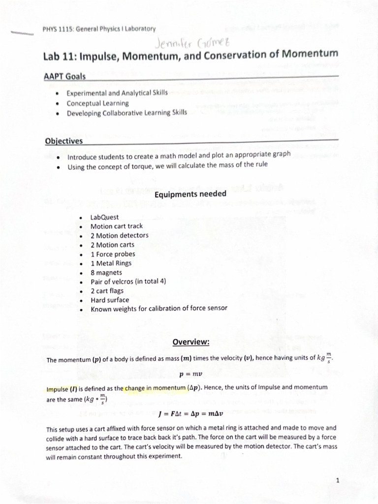 Lab 11 Impulse, Momentum, and Conservation of Momentum | PDF