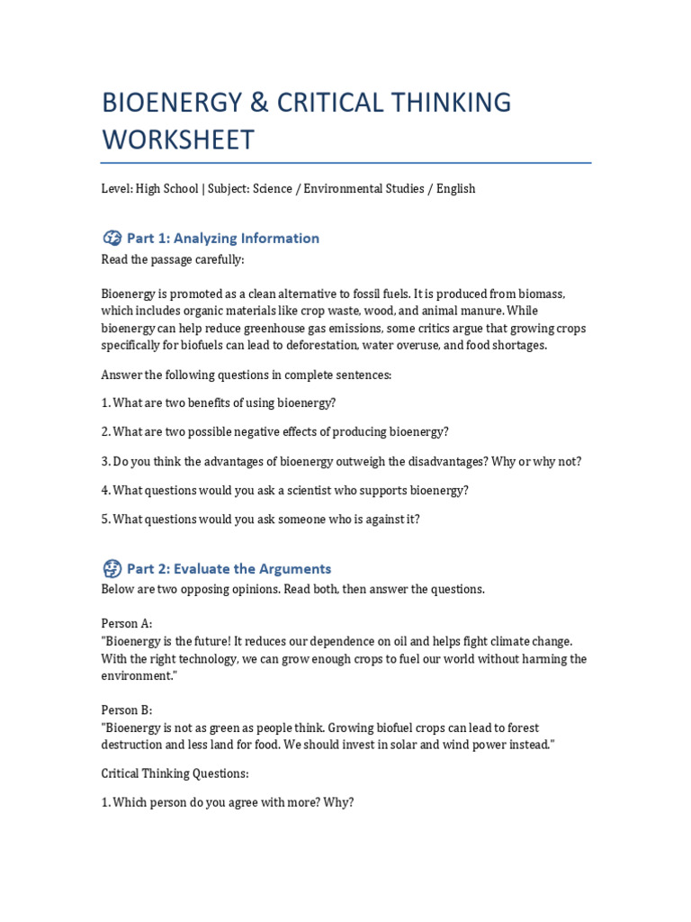 Bioenergy Critical Thinking Worksheet | PDF