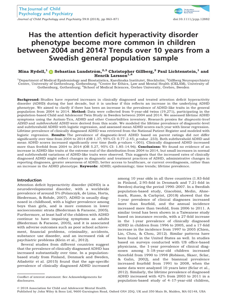 Child Psychology Psychiatry - 2018 - Rydell - Has The Attention Deficit ...