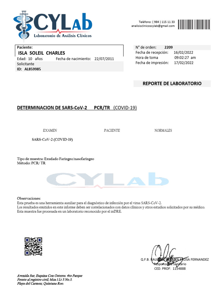 Informe de Prueba PCR COVID-19 Negativa | PDF | Microbiología | Inmunología