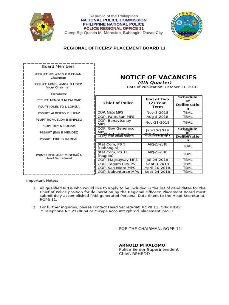 Notice of Vacancy 4th QTR 2018 | PDF