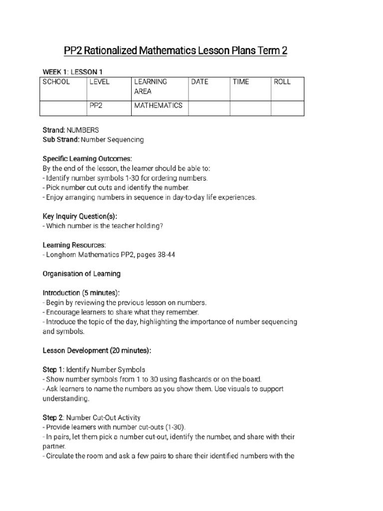 Pp2 Rationalized Mathematics Activities Term 2 Lesson Plan | PDF
