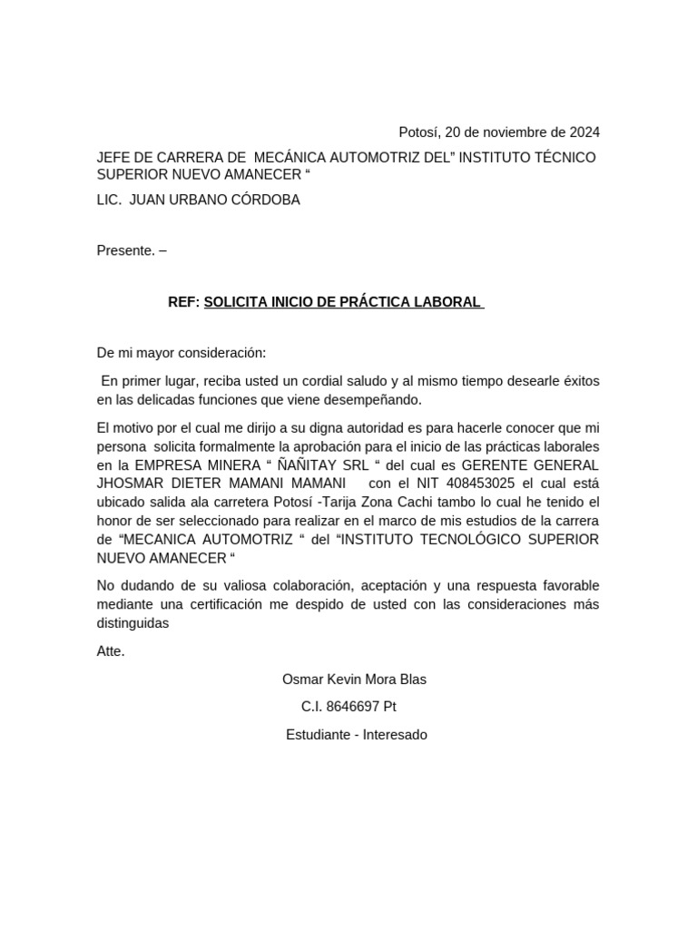 Carta Ref Solicitud Práctica Laboral | PDF
