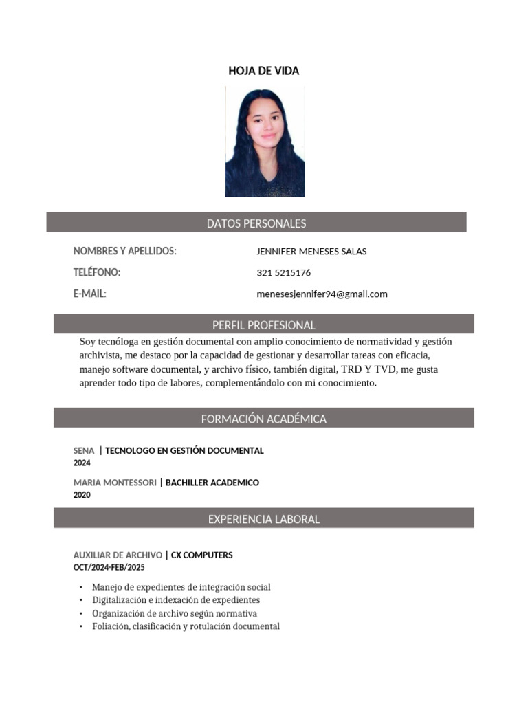 Hoja de Vida Jennifer Meneses | PDF