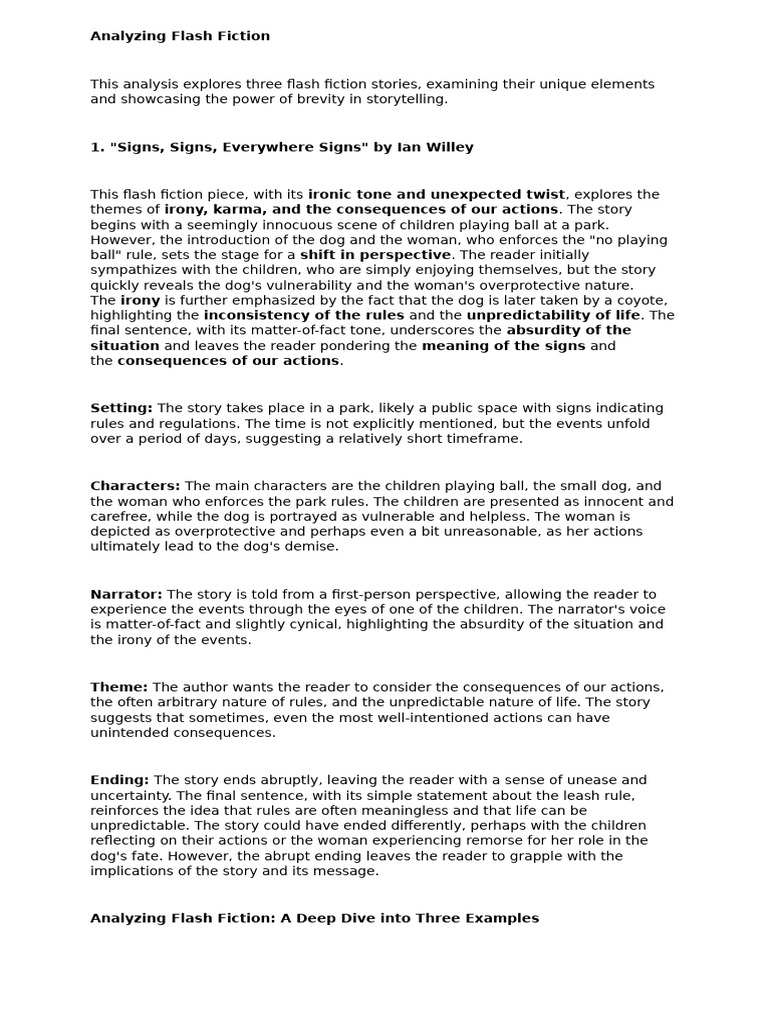 Flash Fiction Analysis: Themes & Techniques | PDF | Narration | Irony