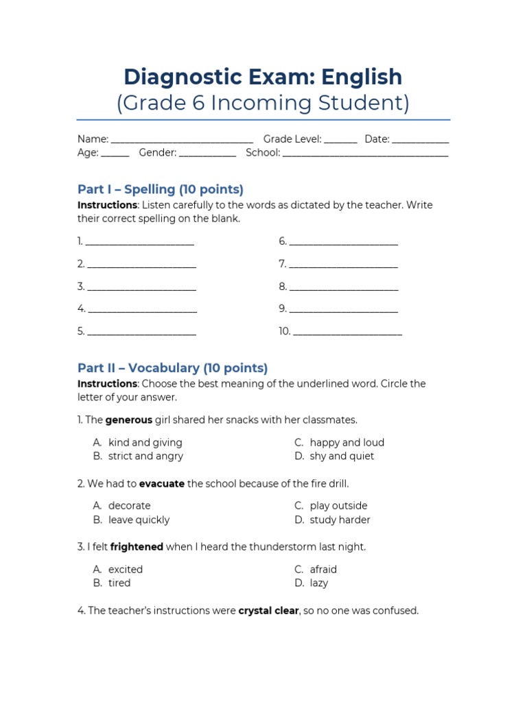 Diagnostic Exam Grade6 English | PDF | Sentence (Linguistics) | Linguistics