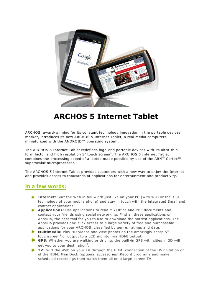 ARCHOS 5 Internet Tablet Spec Sheet en | PDF | Digital Video Recorder ...
