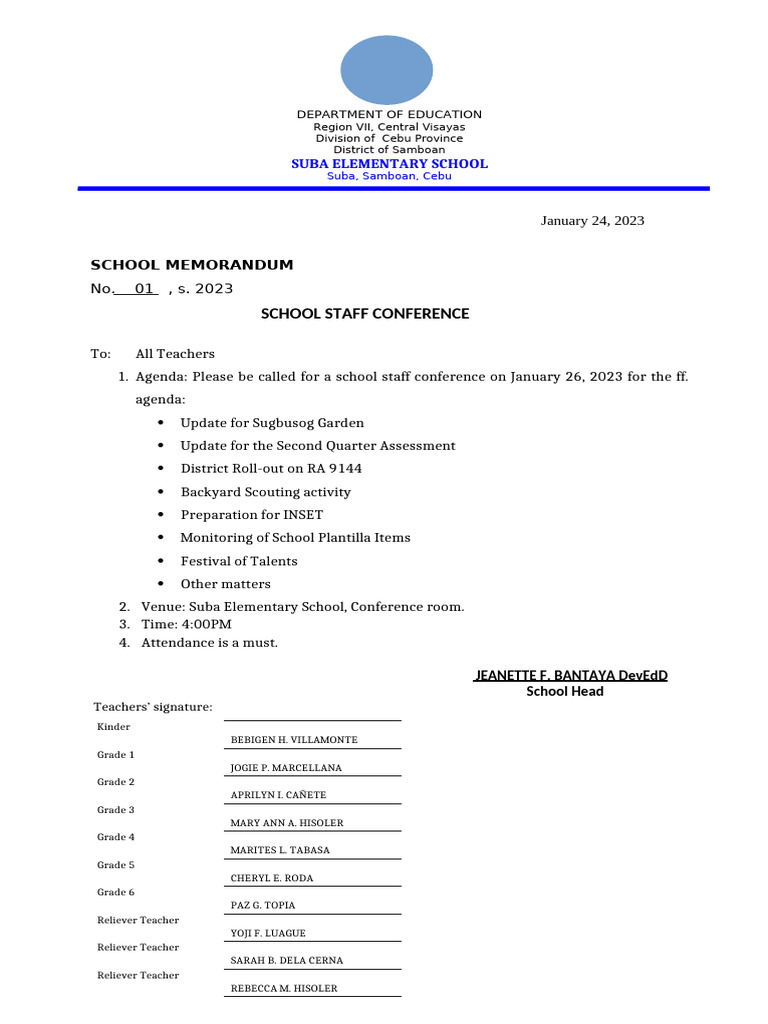 Sugbusog School Staff Meeting Memo 2022 | PDF