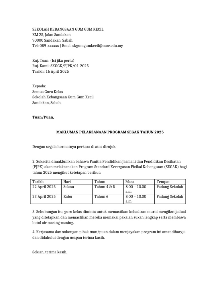 Surat Makluman Program SEGAK | PDF