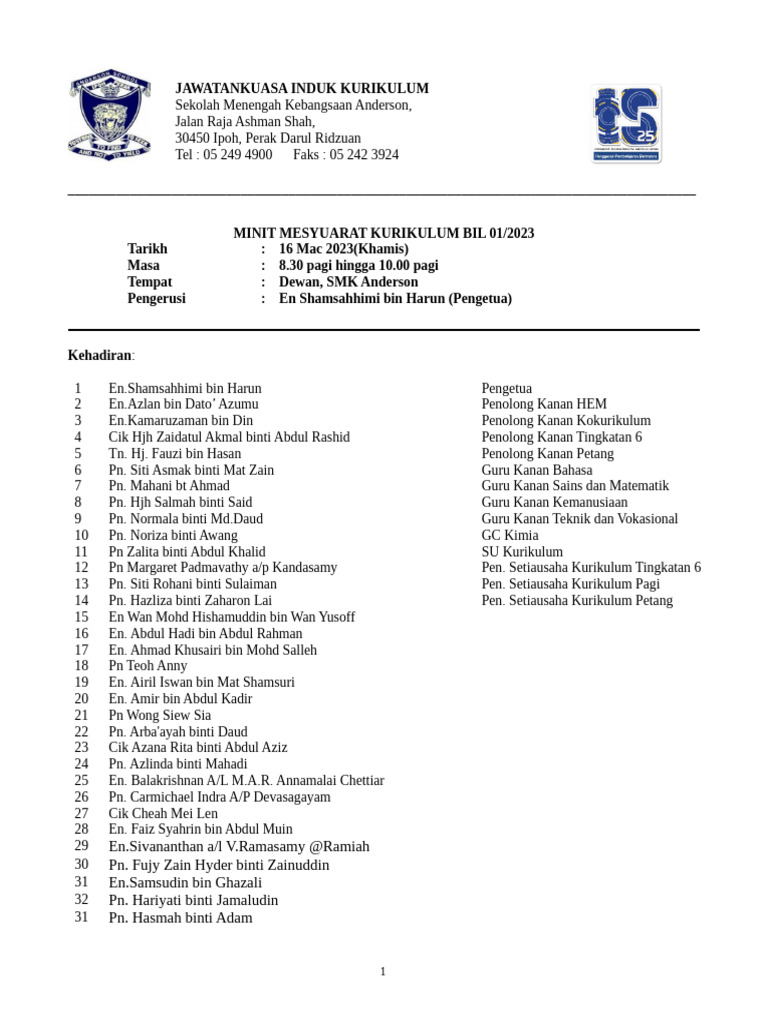 Minit Mesyuarat Kurikulum Bil 01 2023 | PDF