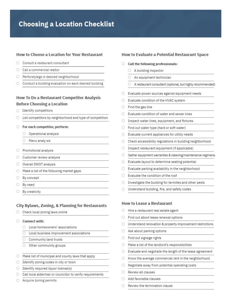 Choosing A Location Checklist RestoHub | PDF | Lease | Zoning