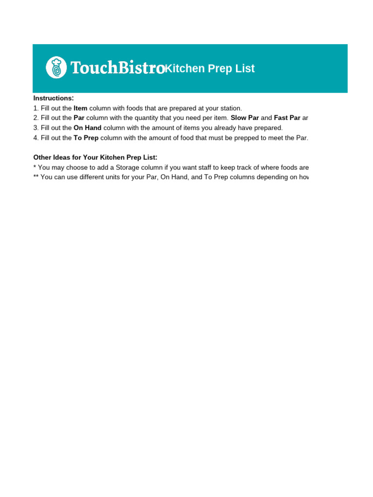 TouchBistro Kitchen Prep List 1 | PDF | Kitchen | Foods