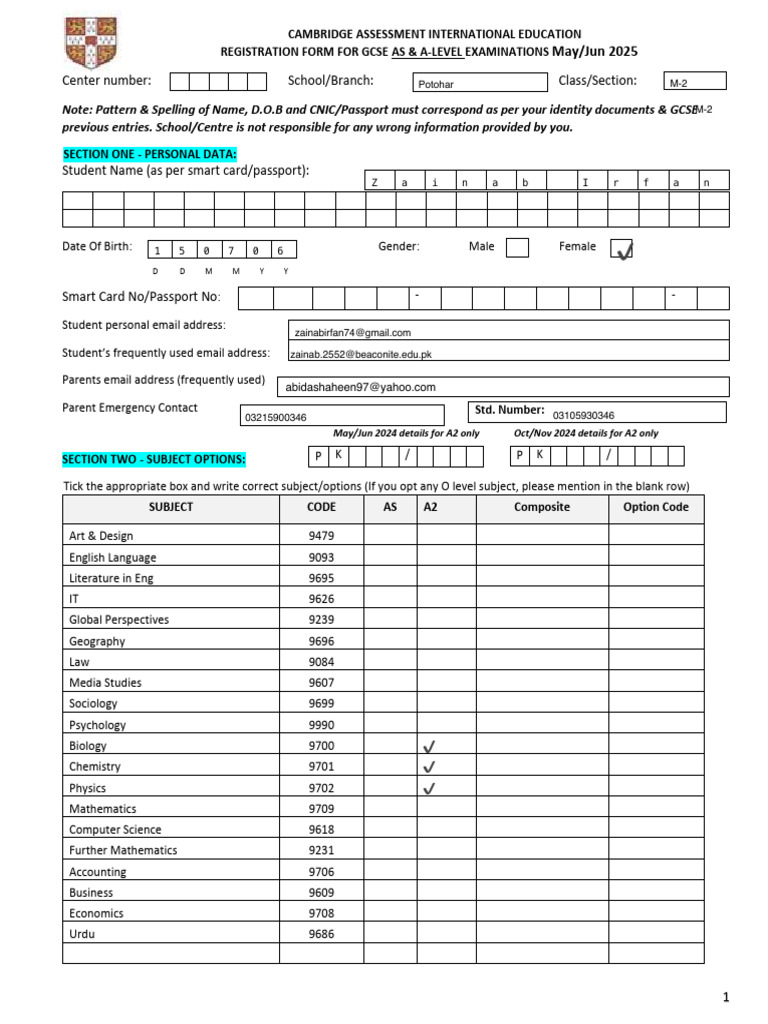 A - Level - Registration - Form - MJ 2025 | PDF