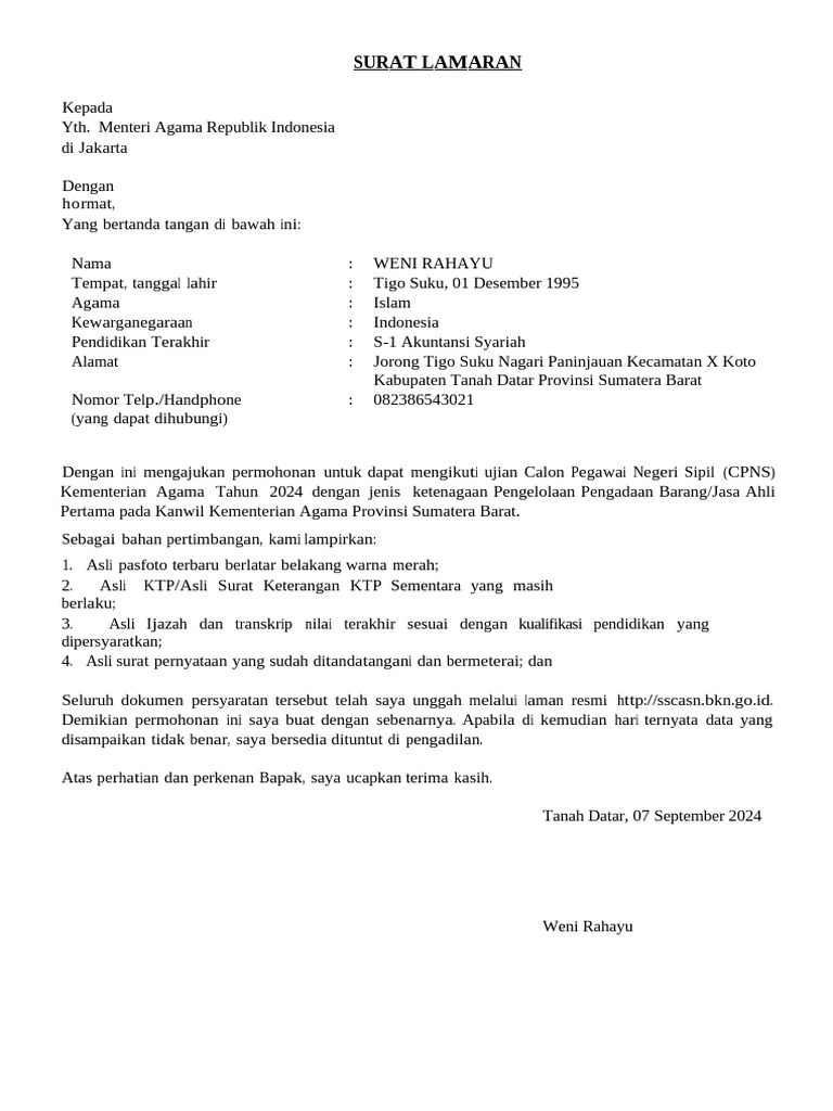 Surat Lamaran Dan Pernyataan | PDF