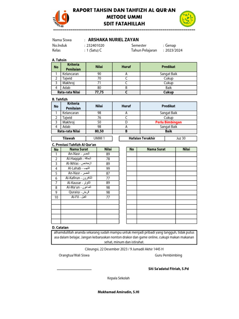 Contoh Format Raport Quran | PDF