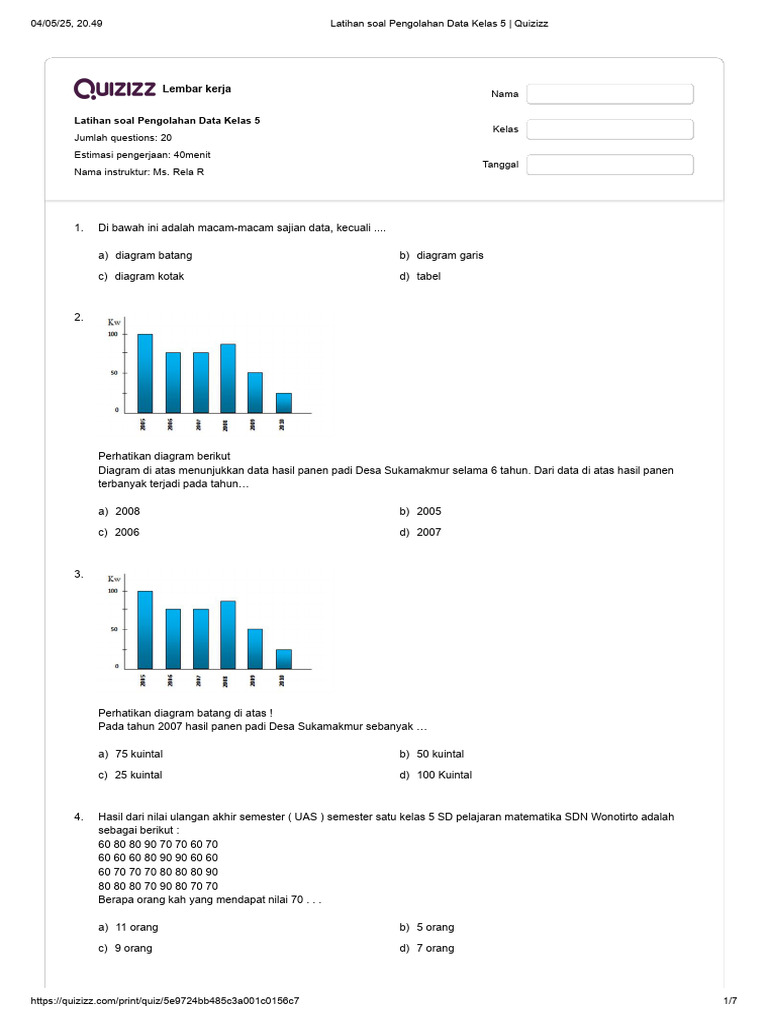 Latihan Soal Pengolahan Data Kelas 5 - Quizizz | PDF