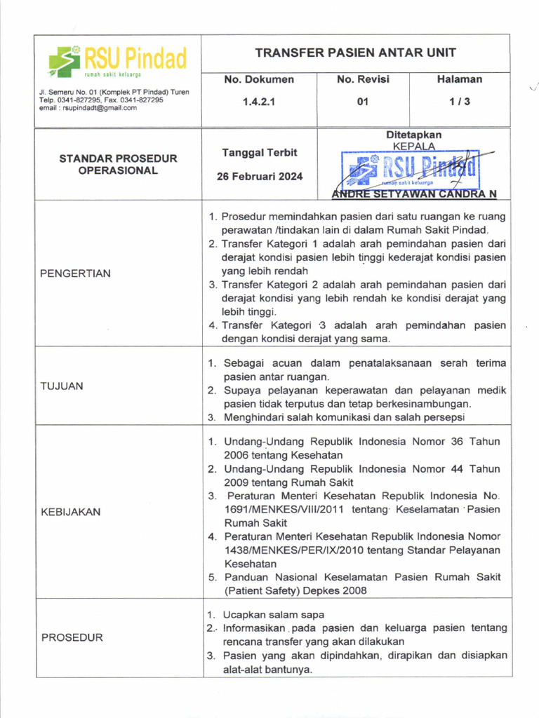 1.4.2.1 01 SPO Tentang Transfer Pasien Antar Unit | PDF