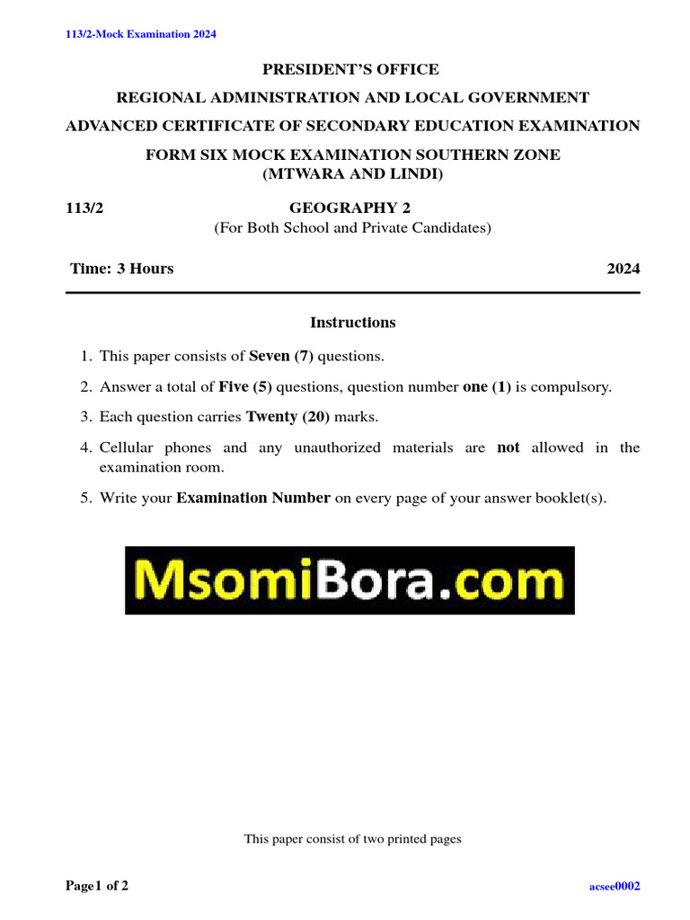 Geography Mock Exam 2024: Key Topics | PDF | Agriculture | Transport