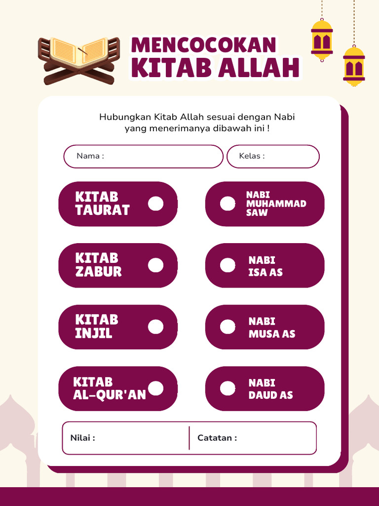 Mencocokan Kitab Allah Lembar Kerja Ungu Dan Putih Ilustrasi - 20250429 ...