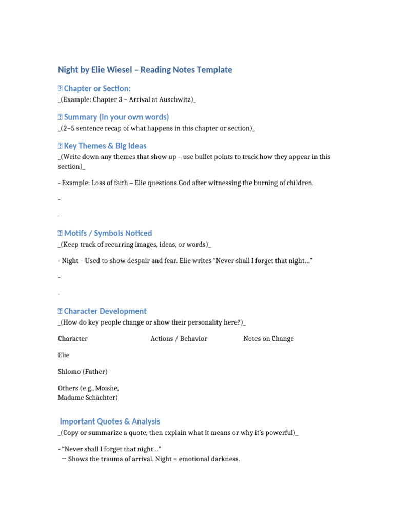 Night Reading Notes Template | PDF