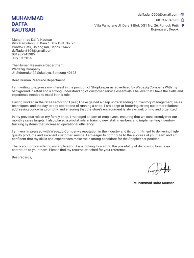 CV Dan Surat Lamaran Daffa Kaustar | PDF