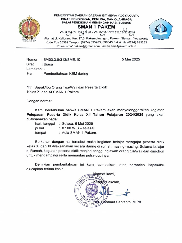 313. Pemberitahuan KBM Daring kelas X dan XI | PDF