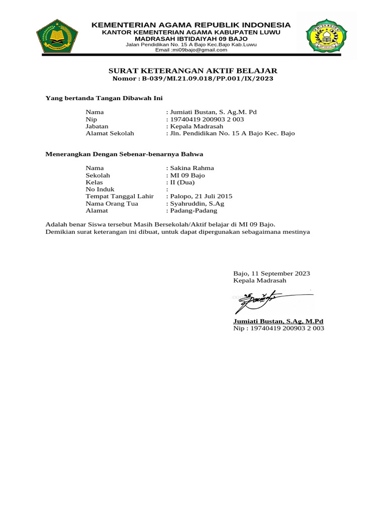 Surat Ket Aktif Belajar | PDF