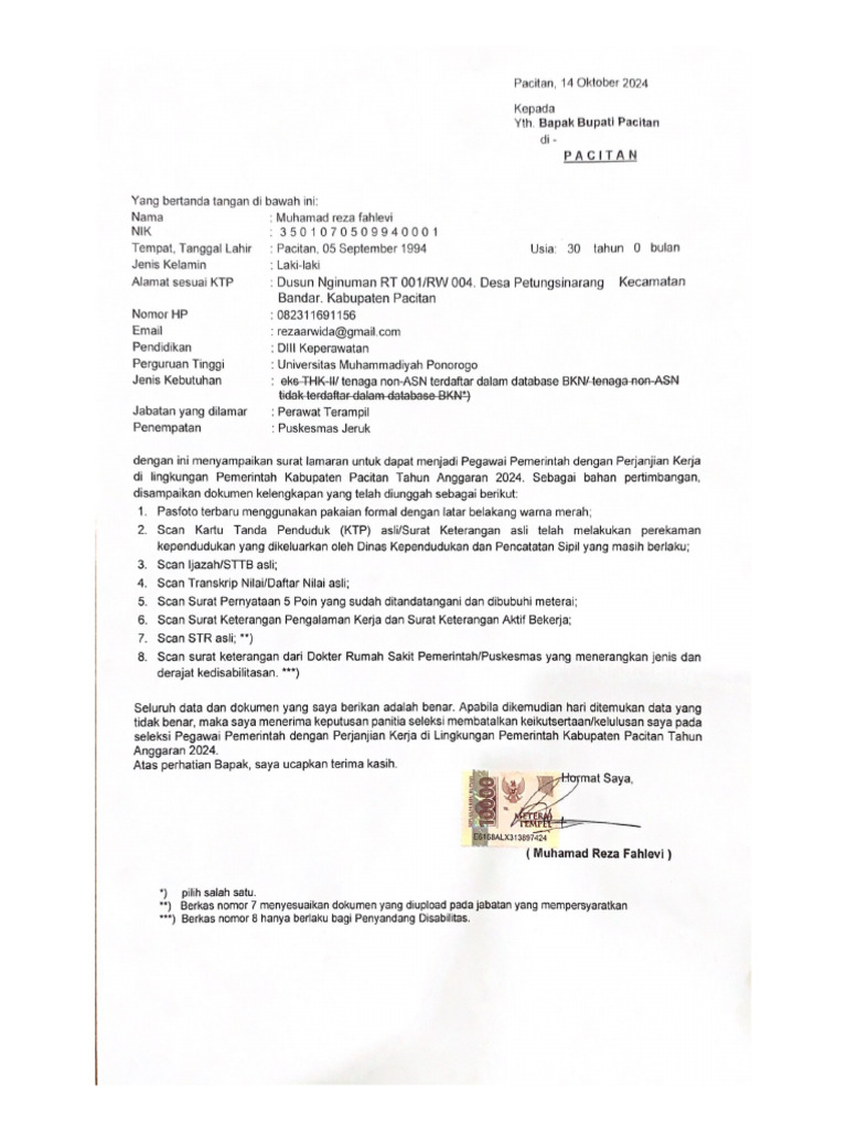 Surat Lamaran Muhamad Reza Fahlevi | PDF