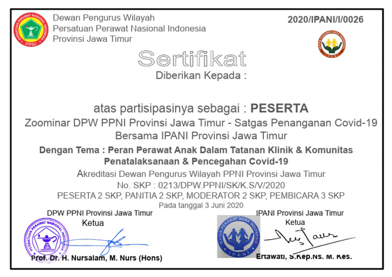 E Sertifikat Zoominar IPANI Jatim Sesi 1 | PDF