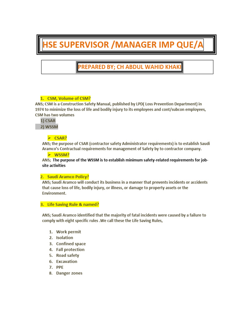 Hse Sup&Mangr Imp Q&A by Abdulwahid-1 | PDF | Fires | Risk Assessment