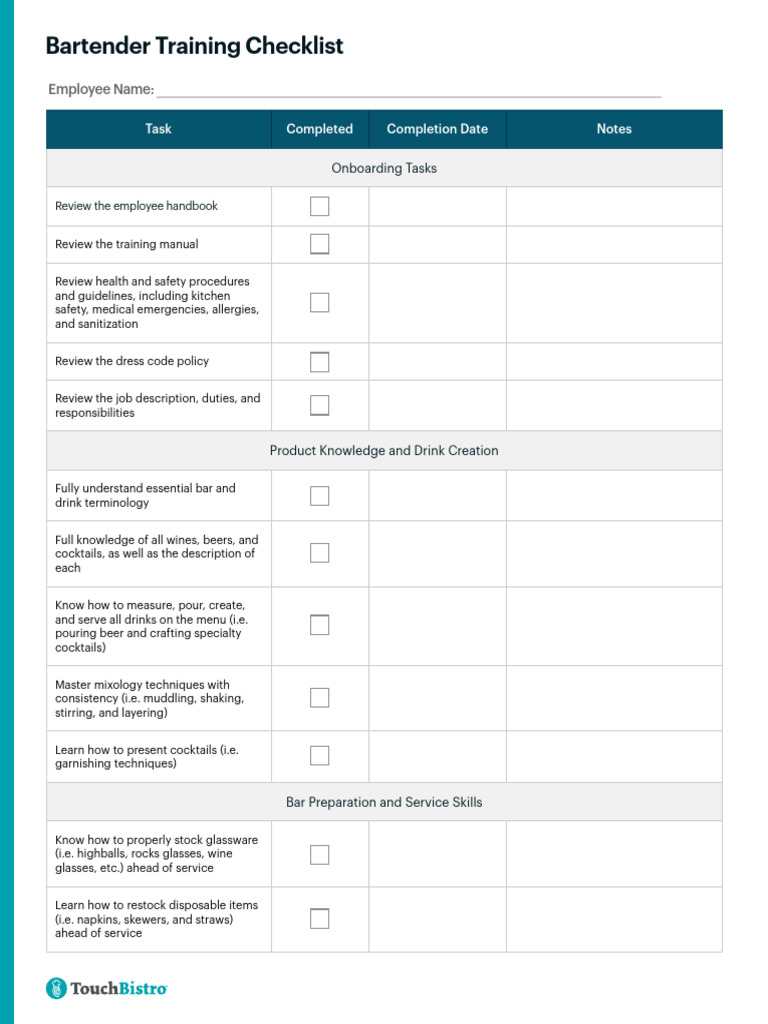 Bartender Training Checklist Guide | PDF | Bartender | Drink