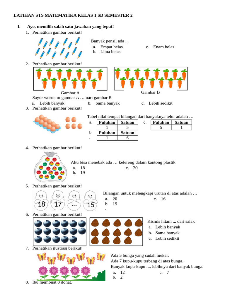 Latihan STS Matematika Kelas 1 SD Semester 2 | PDF