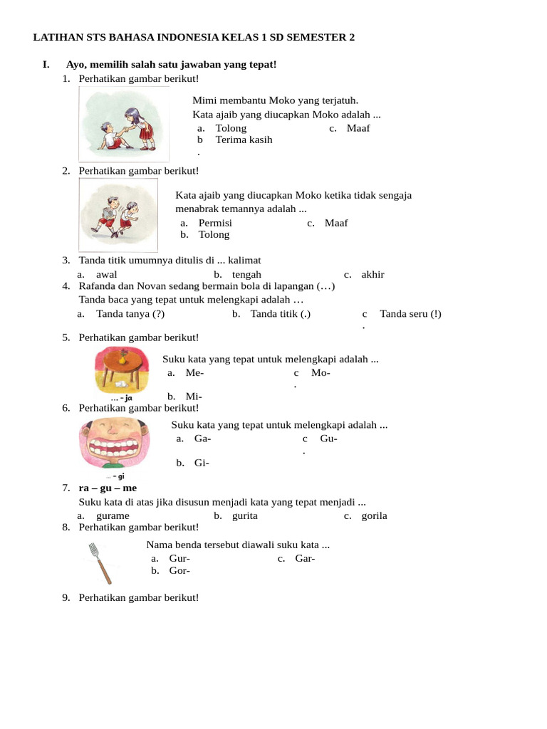 Latihan STS Bahasa Indonesia Kelas 1 SD Semester 2 | PDF