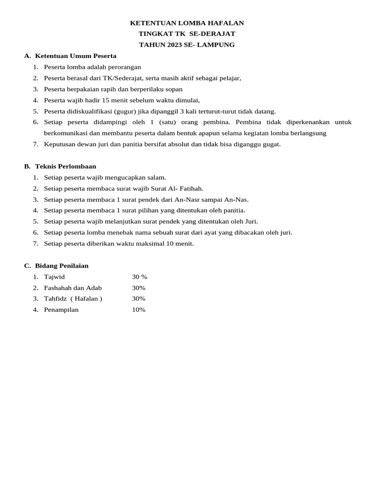 Ketentuan Lomba Hafalan | PDF