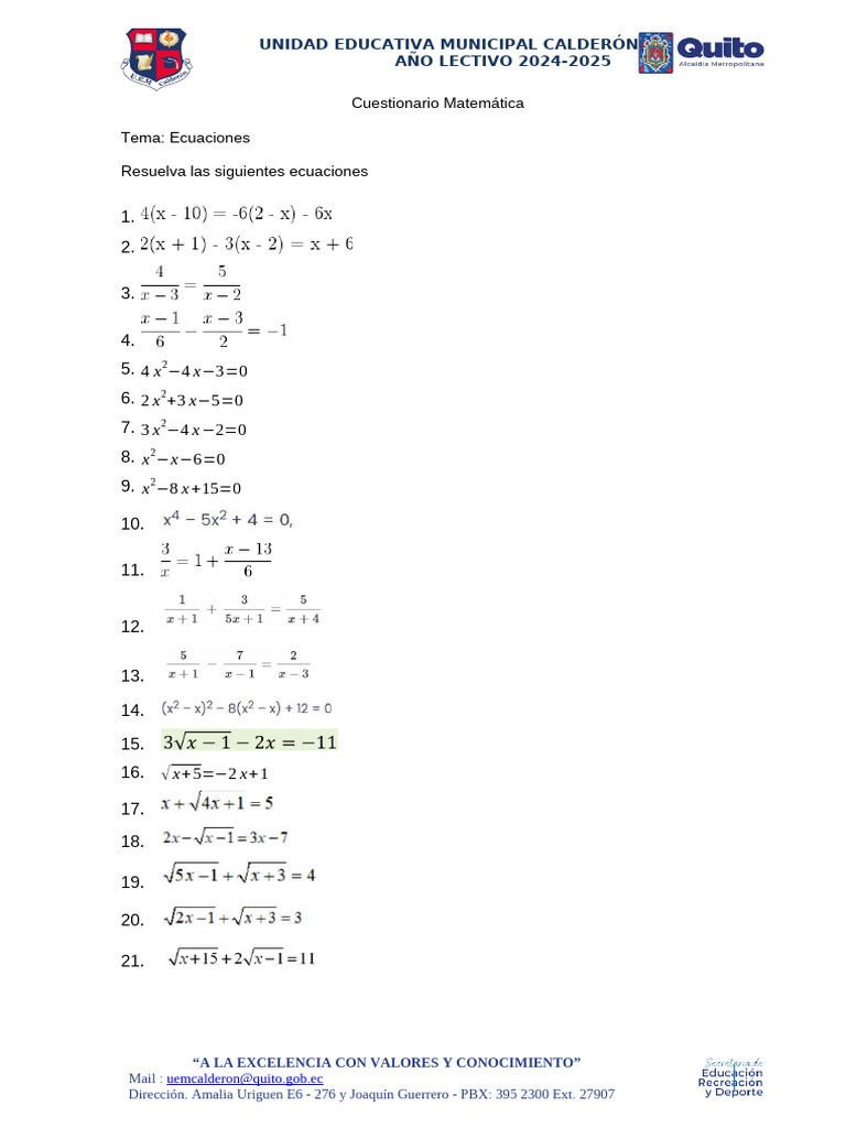Cuestionario Ecuaciones | PDF