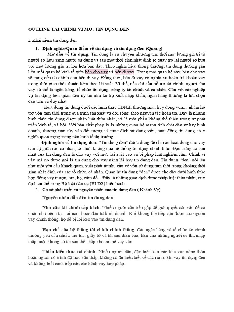 Outline Tài Chính Vi Mô - Tín Dụng Đen | PDF