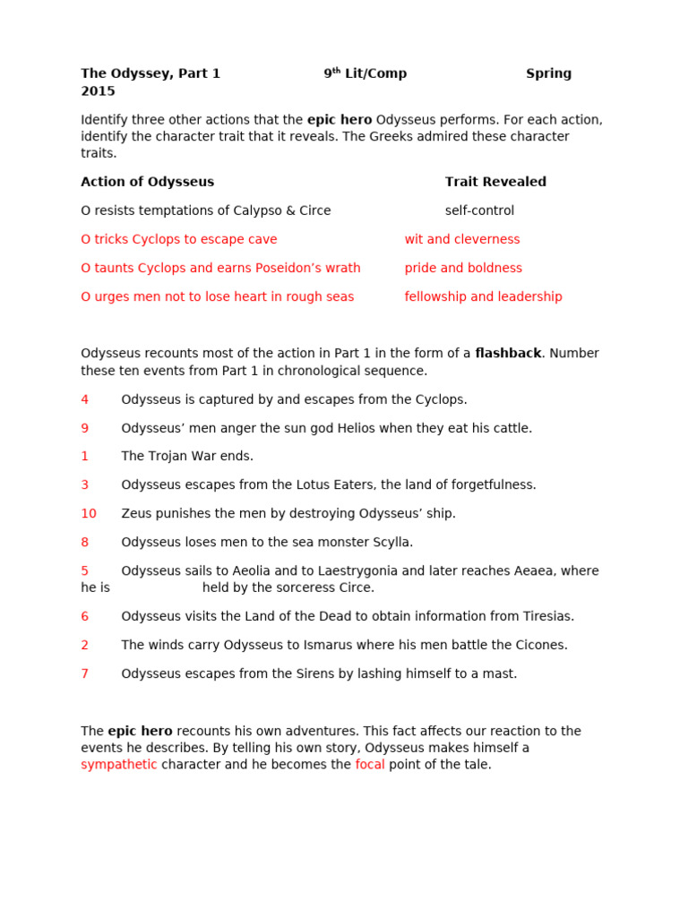 Odyssey Part 1 Key With Answers | PDF