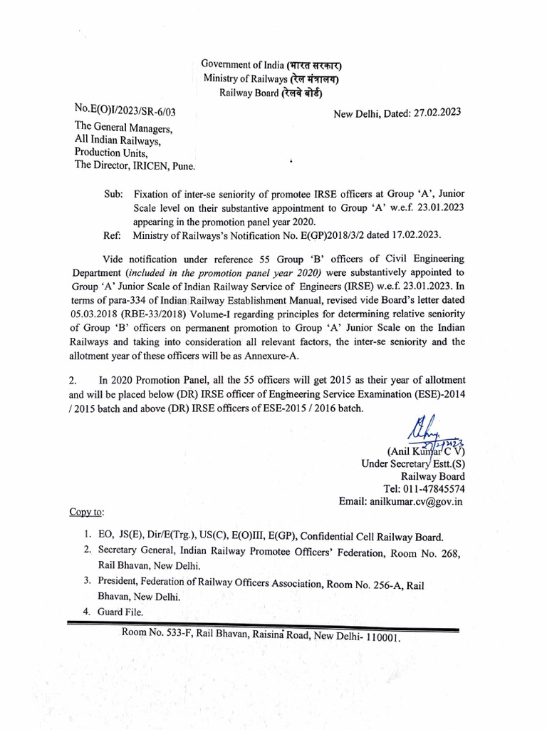 IRSE - Inter-Se Seniority of 2020 Panel | PDF