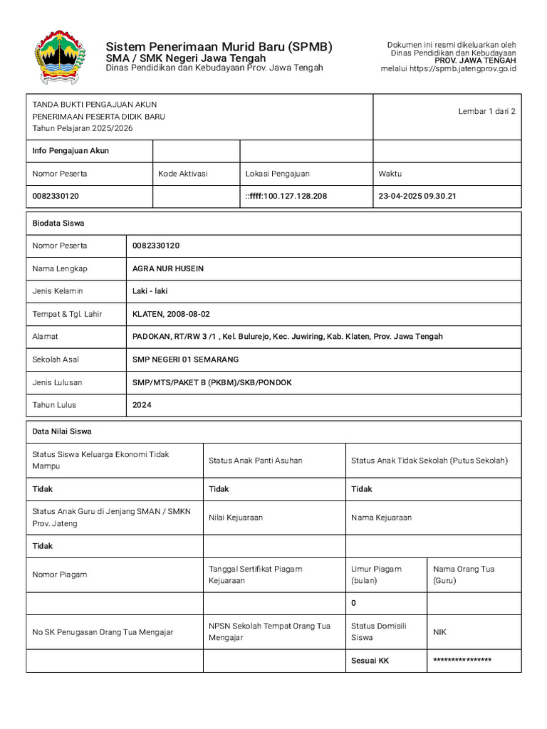 Bukti Pengajuan Akun SPMB | PDF