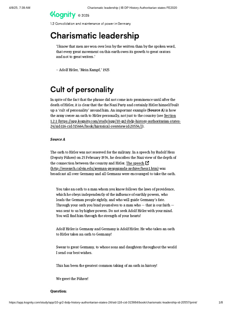 Charismatic Leadership - IB DP History Authoritarian States FE2020 ...
